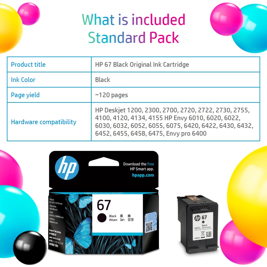 HP 67 Black Color Original Ink Cartridge 3YM56AA 3YM55AA for 2722 ...