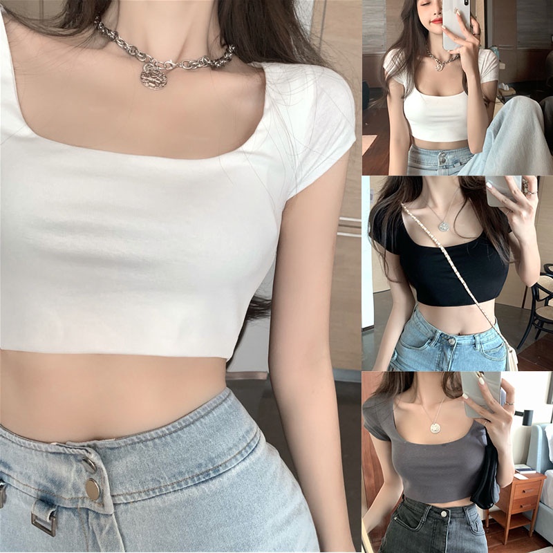 Korean Style U-neck Crop Top Short Women Short-sleeved Solid Color Short Top | Shopee Malaysia