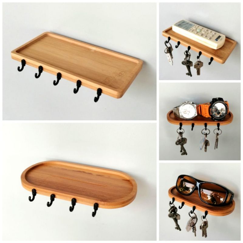 Bamboo Key Hanger Decor Rack Shelf Wooden Key hooks Wall Mounted ...