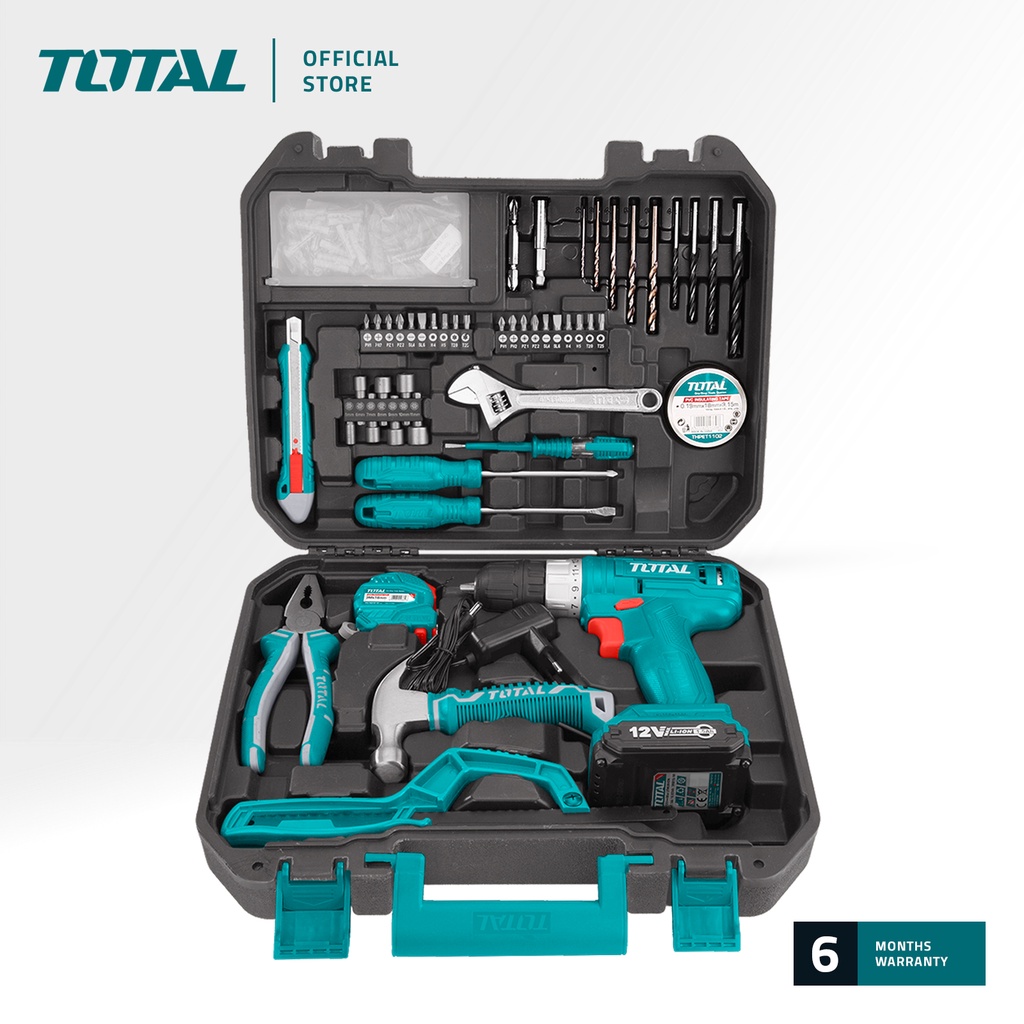 TOTAL Tools Set With Cordless Drill Claw Hammer, Screwdriver, Pliers ...