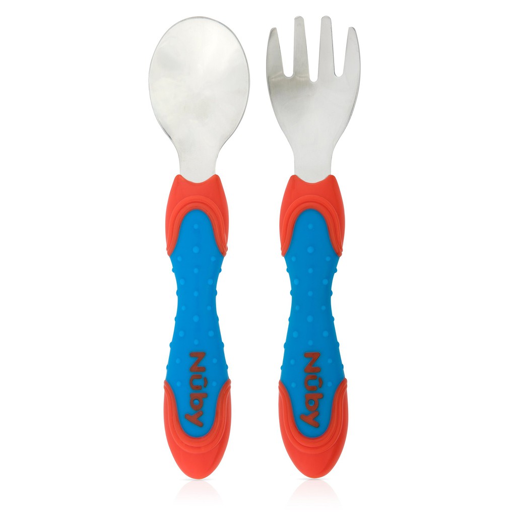NUBY STAINLESS STEEL CUTLERY SET – SPOON AND FORK WITH COLORFUL GRIP | Shopee Malaysia