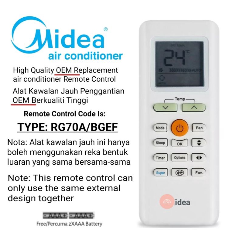 Midea Air Cond Air Conditioner Replacement Remote Control (RG70A/BGEF ...