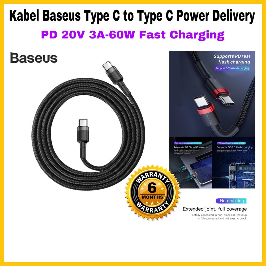Baseus Type C to Type C Power Delivery Cable - PD 20V 3A - 60W | Shopee ...