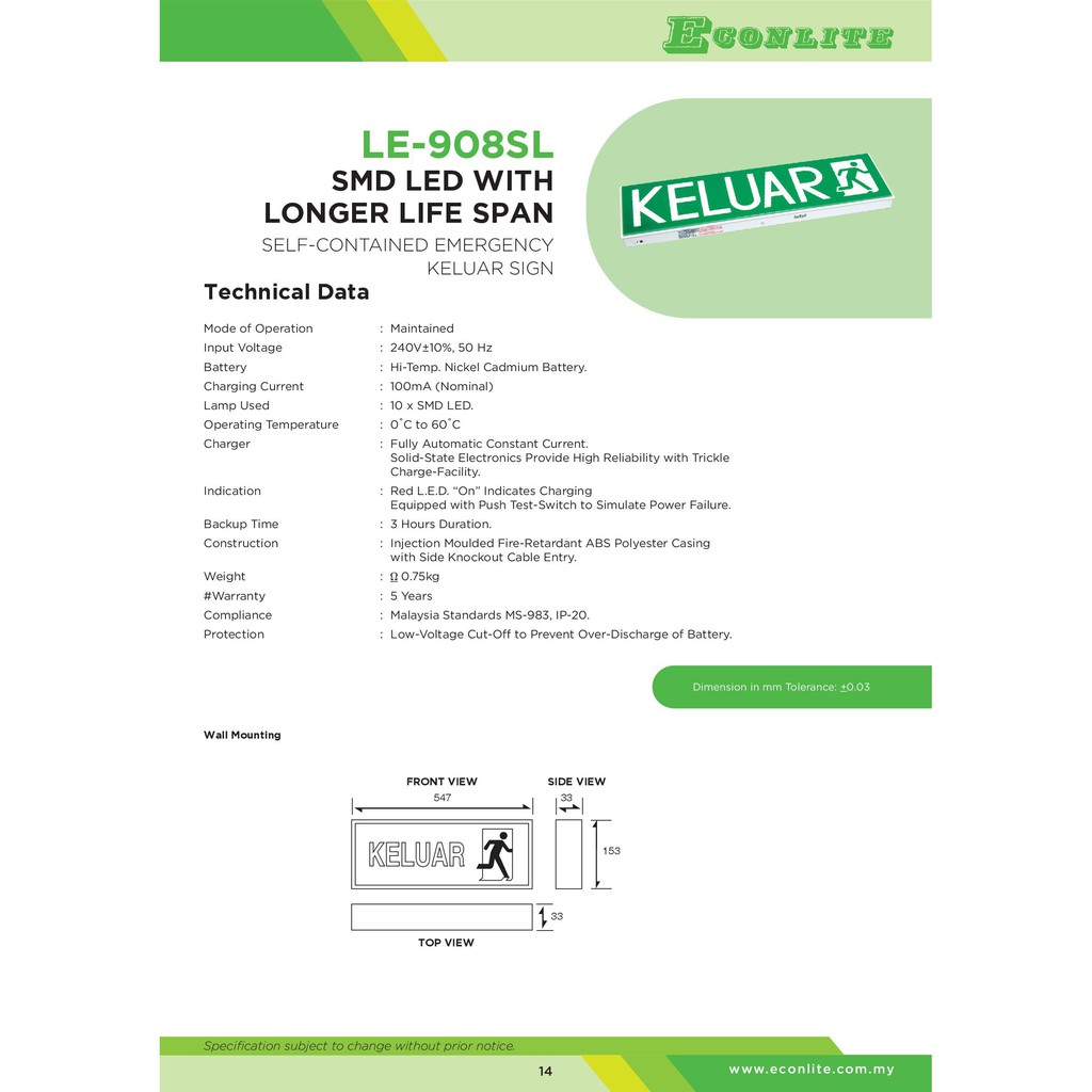 ECONLITE LED WITH LONGER LIFE SELF-CONTAINED EMERGENY KELUAR SIGN (LE ...