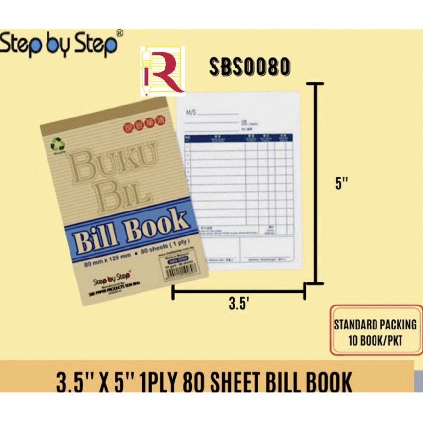 Step By Step Bill Book (1 ply x 80 sheets per Pad) 5” x 3.5” (12.8 cm x ...