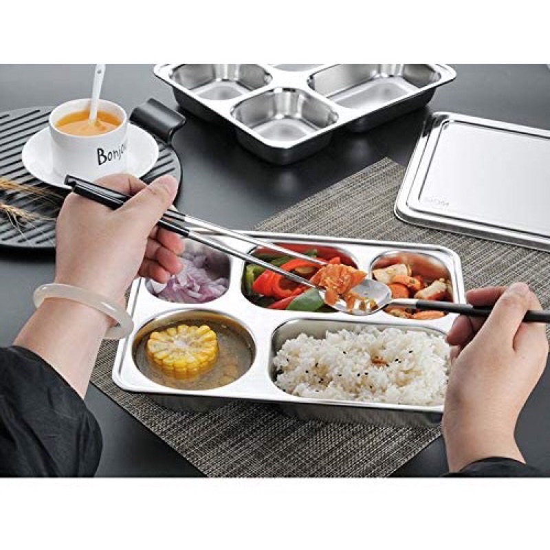 5 Division stainless steel plate food Tray With Compartments Sliver ...
