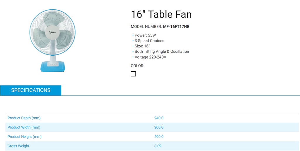 Midea / Sharp Table Fan (16”) 3 Speed MF-16FT17NB / MF-16FT15NB / PJT ...