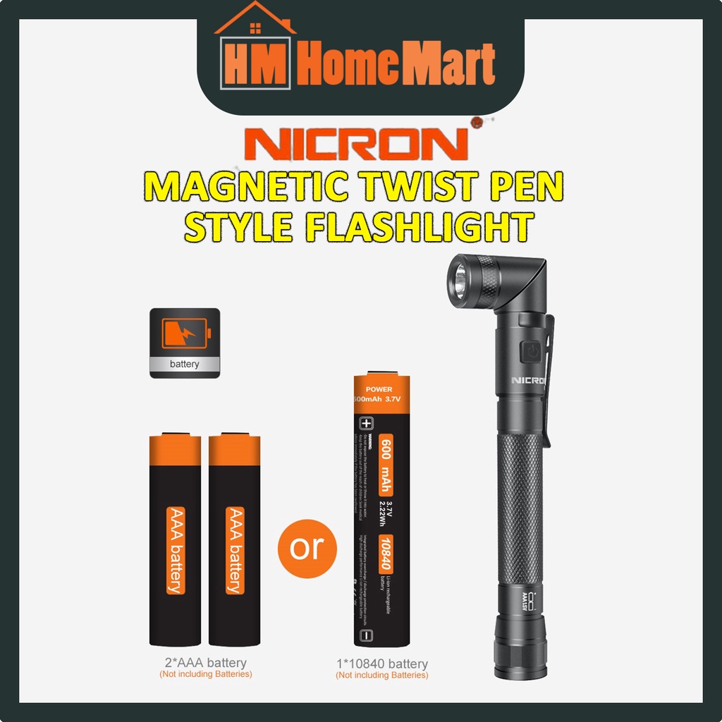 NICRON B73R Magnetic Twist Pen Style Flashlight Rechargeable (150 ...