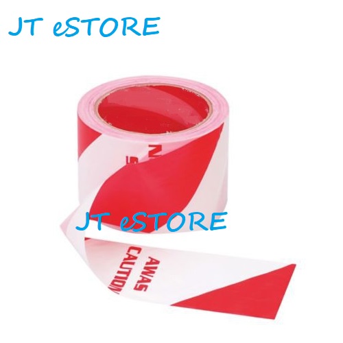 [JT eSTORE] 70mm(W) x 70m(L) AWAS CAUTION Stripe/ Red & White Hazard ...