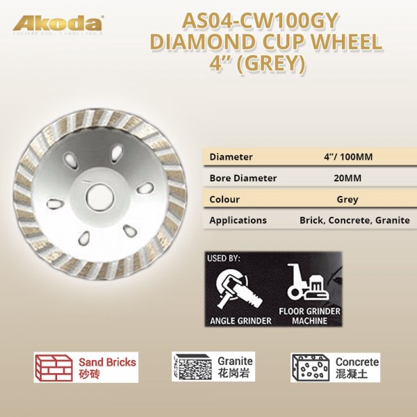 Akoda AS04-CW100GY Diamond Cup Wheel 4" 100MM (D) x 20MM (BD) (Grey ...