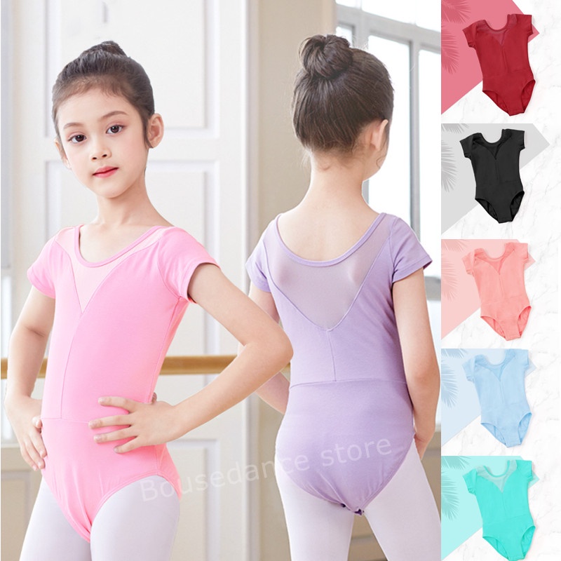 Girls Ballet Leotard Mesh Splicing Gymnastics Clothes Short Sleeve ...
