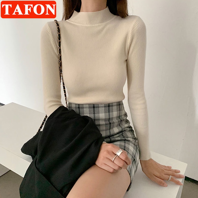 TAFON Women Korean Long Sleeve Turtle Neck Inner Blouse Plain Color ...