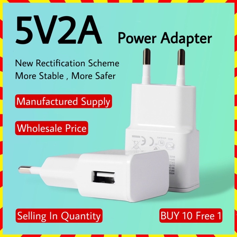 🇲🇾🚚【BUY 10 FREE 1】5V2A EU Europe Pin USB Power Adapter Charger Android ...