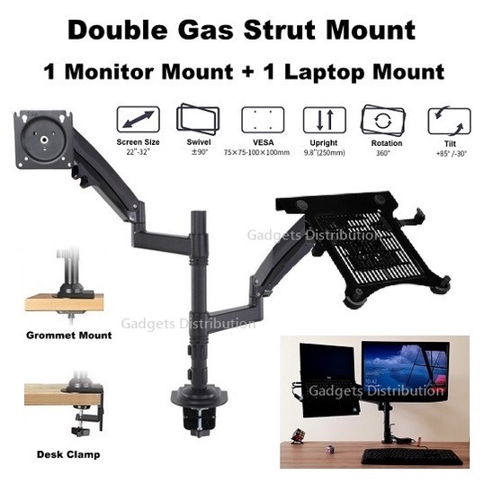 P43-2G1T 2 Double Dual Gas Strut Two Arm TV Monitor Mount and Brateck ...
