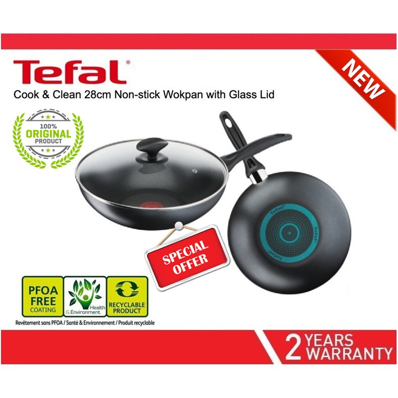 🔥 SPECIAL OFFER 🔥 TEFAL PREMIUM Cook & Clean 28cm Non Stick Wokpan with Glass Lid (Deep Wok ...