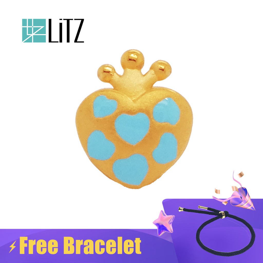 [Free Bracelet] LITZ 999 (24K) Gold Heart Charm 蓝色爱心皇冠 EPC0798 | Shopee ...