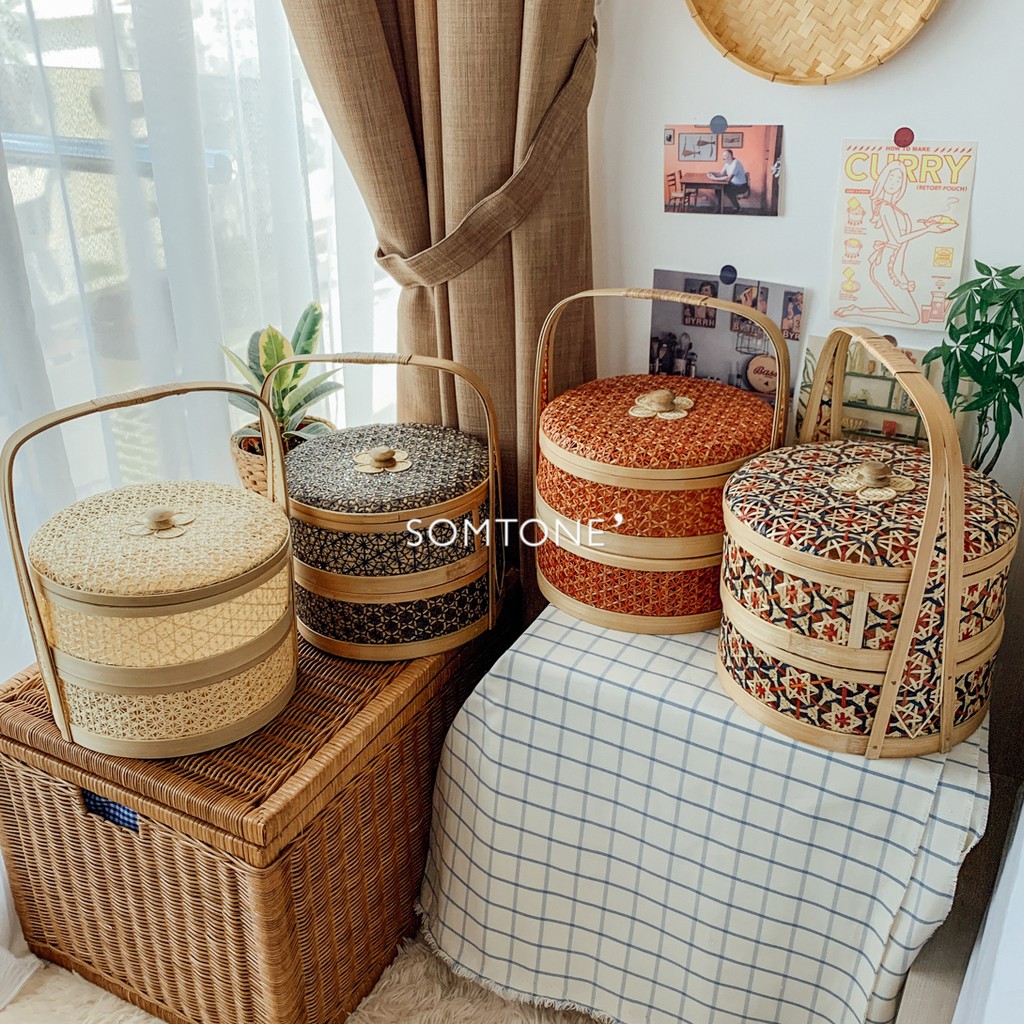 Bakul Raya 2 Tier Rattan Food Serving Basket / Afternoon Tea Tray for ...