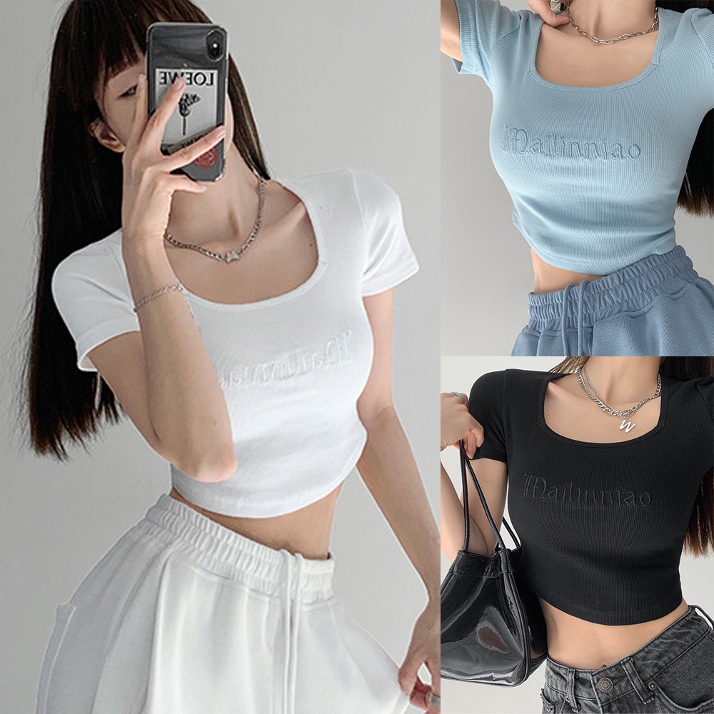 American Retro Embroidery Blouse Women's Square Neck Low-cut T-shirt ...