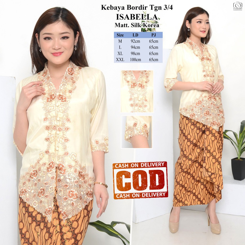 Luxurious Modern Embroidered Kebaya Top 3/4 Sleeves Ivory Color ...