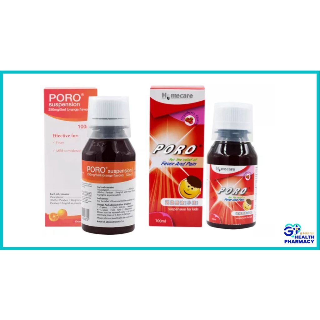 HOMECARE PORO SUSPENSION 250mg/5mL (paracetamol/panadol) FOR KIDS 100ML ...