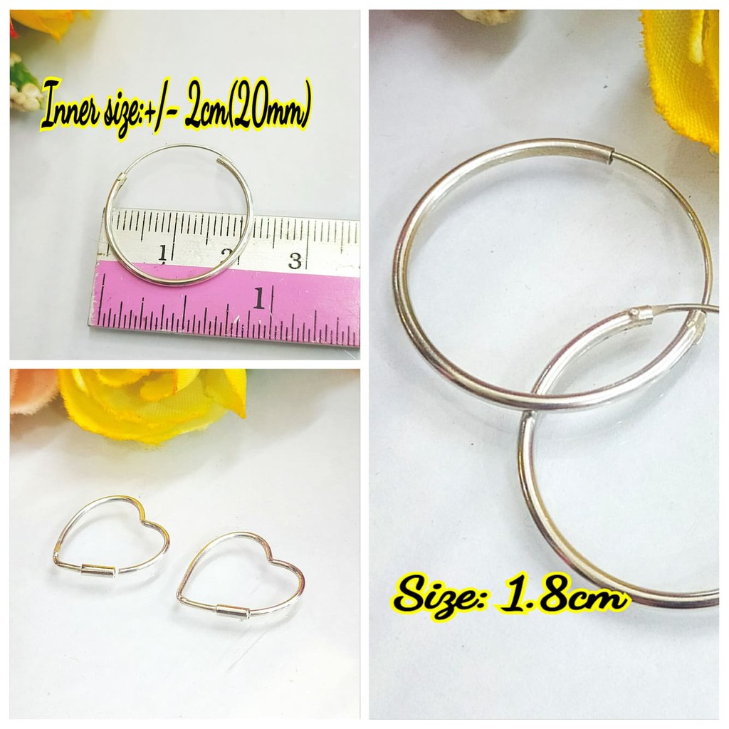 Pure Silver 925 Hoop Earring-3 jenis pilihan-1.2cm Bentuk Love, 1.8cm and 2cm Bentuk Bulat with ...