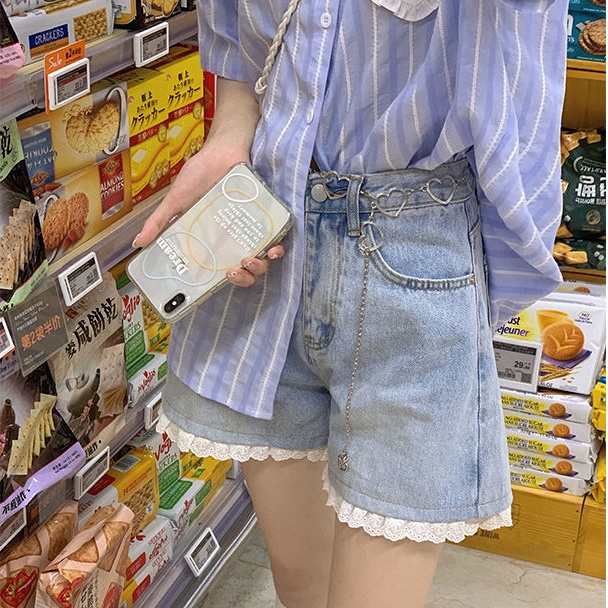 Womens Summer New Retro Stitching Lace Denim Shorts For Korean High