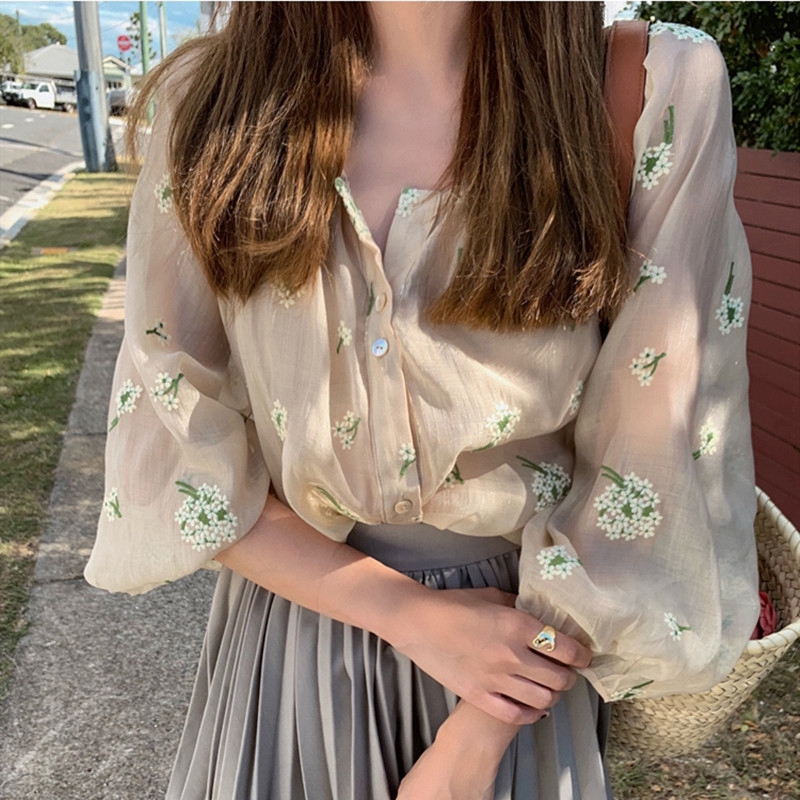 Korean Style Women Ladies Loose Embroidered Flower Lantern Sleeve Shirt ...