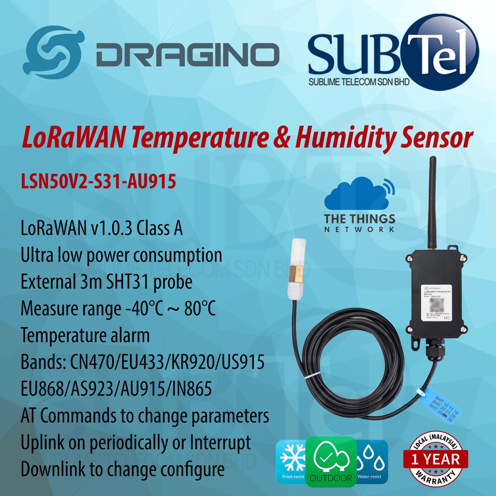 DRAGINO LSN50V2-S31-AU915 LoRaWAN Outdoor Temperature & Humidity Sensor LoRa WAN TTN IoT 915MHz ...