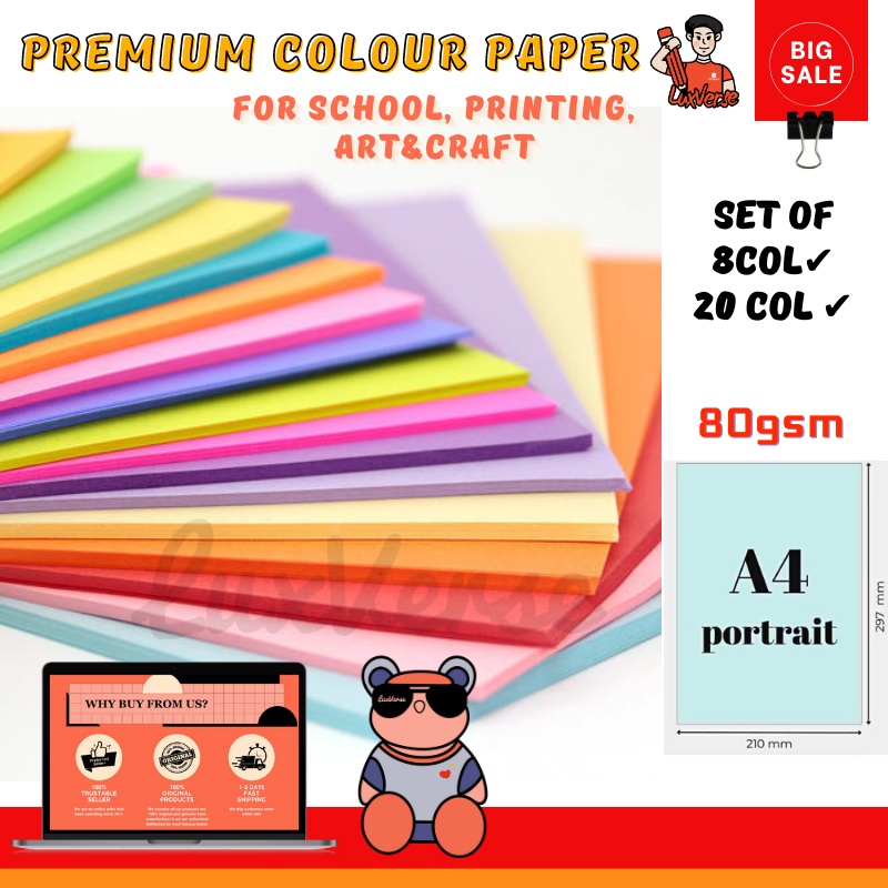 Premium Mix Colour Paper A4 (Set) 80gsm 8 Colour/ 20 Colour Mix colour ...