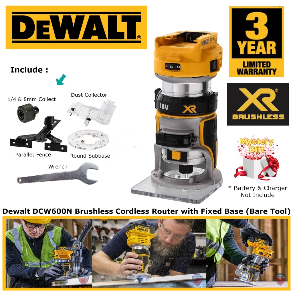 Dewalt DCW600N -KJ 1/4" & 8mm 20V Brushless Cordless Router ( Bare Tool ...