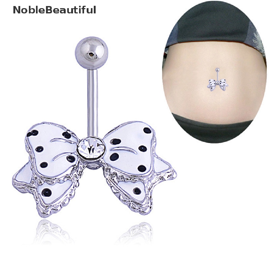 [NobleBeautiful] Black Dot White Bowknot Crystal Navel Belly Button ...