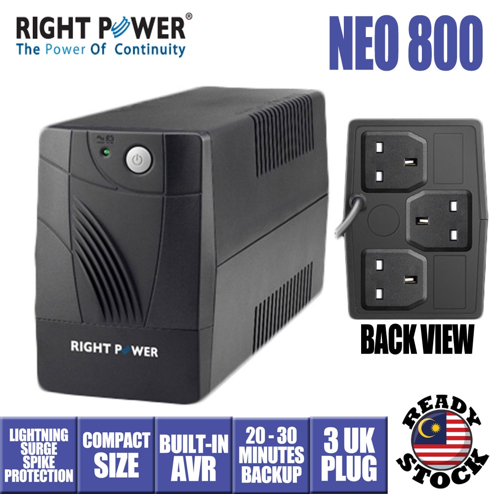 RIGHT POWER NEO 800 UPS BUILT IN AVR COMPACT 3 UK SOCKET LIGHTNING ...