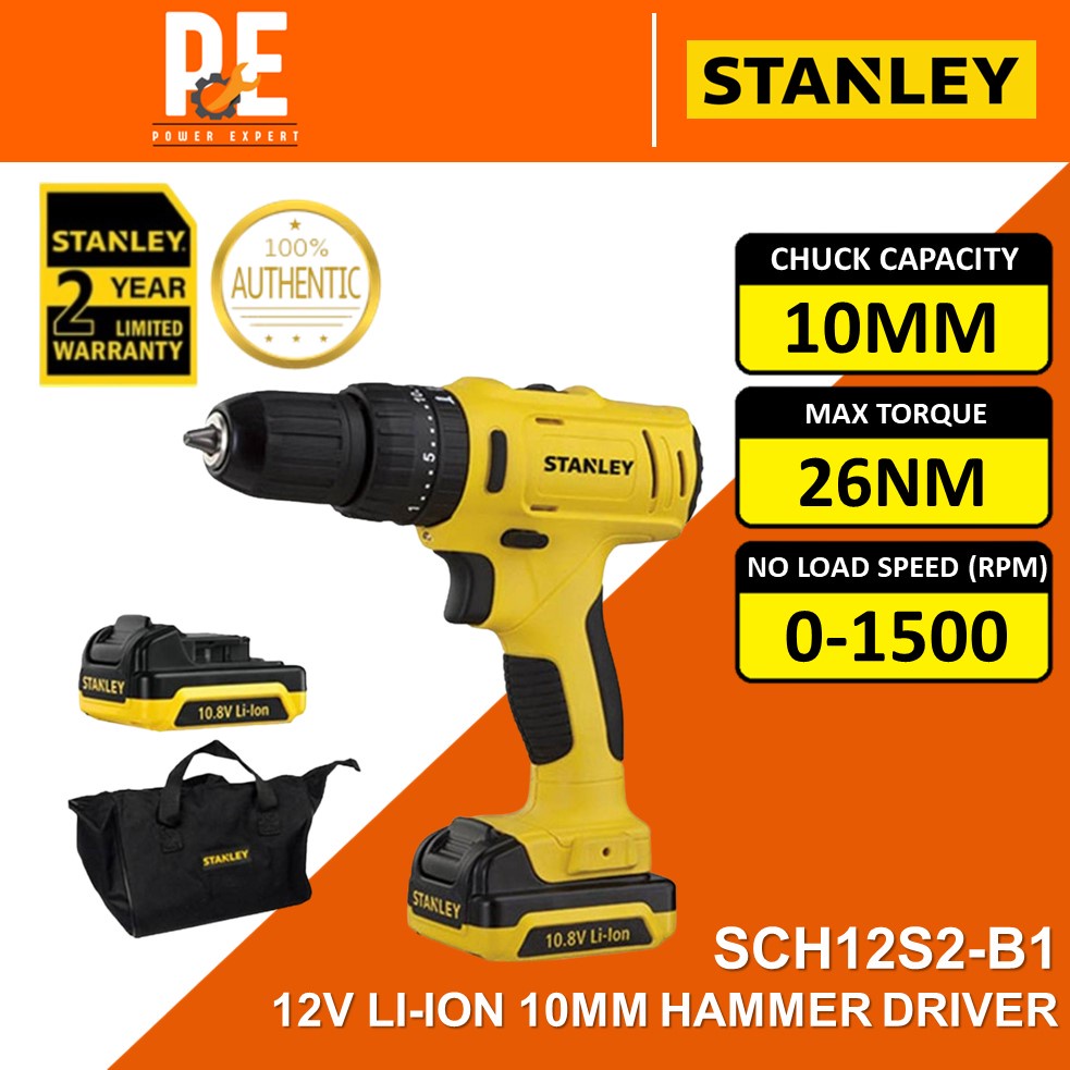 STANLEY SCH10D2K 12V 10MM CORDLESS HAMMER DRILL WITH 2 X 2.0AH BATTERY ...