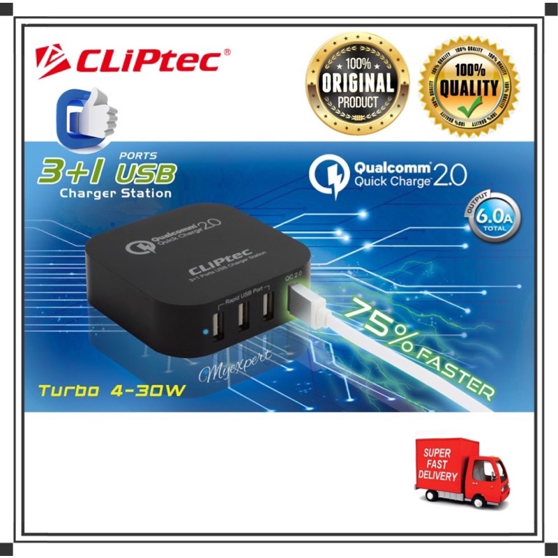 Cliptec GZU503 Turbo 3+1 Ports Quick Charges QC 2.0 USB Charger Station ...