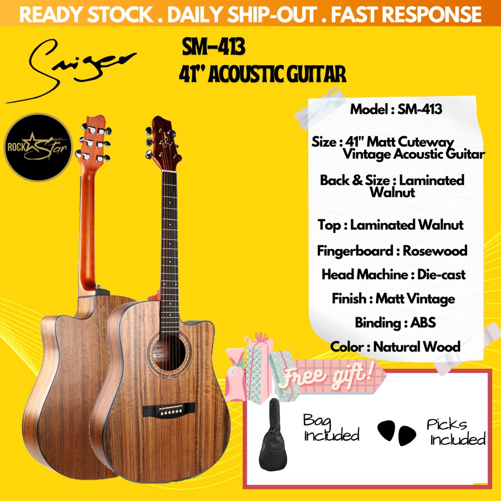 Smiger SM-413 Acoustic Guitar w/Bag, Walnut Vintage | Shopee Malaysia