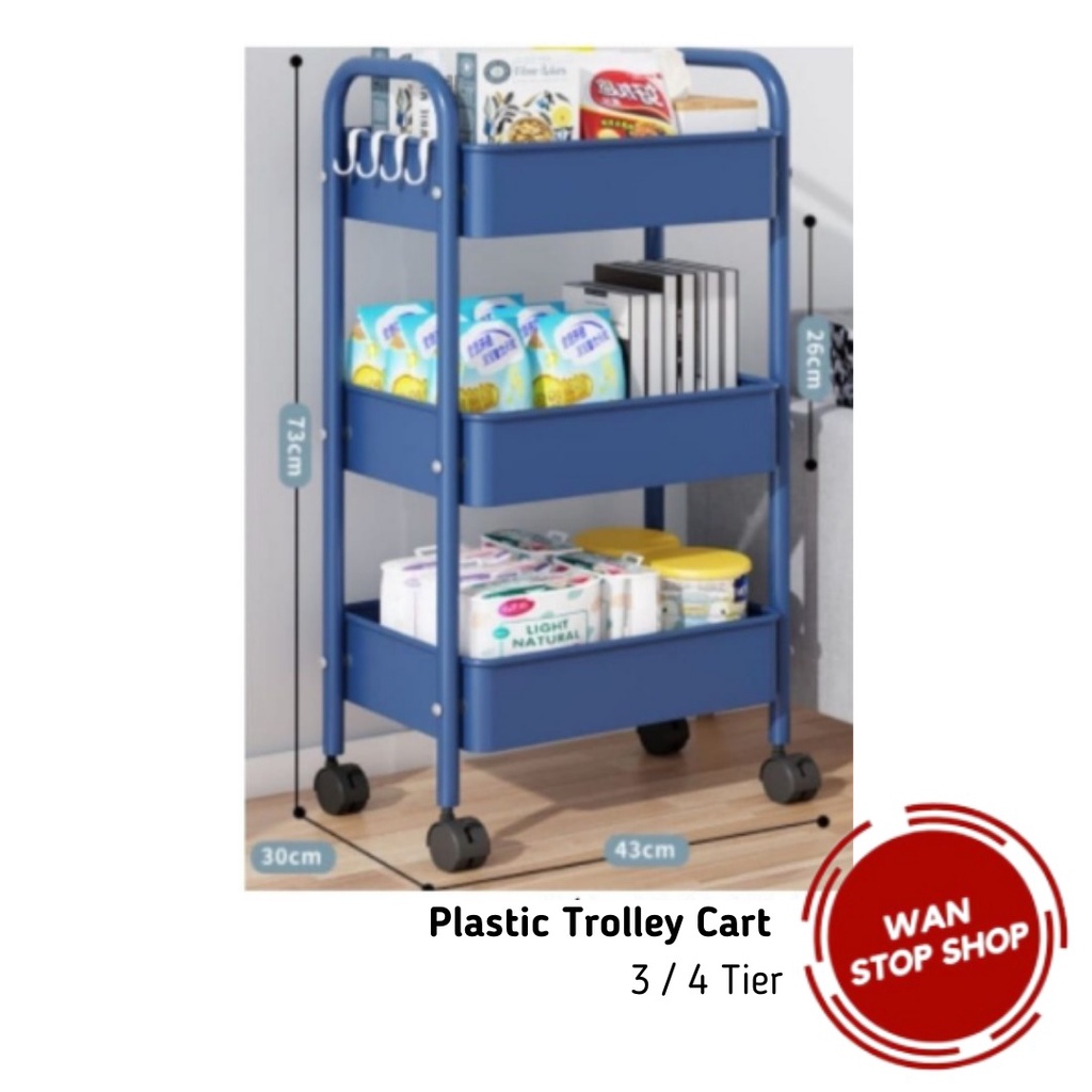 3/4 Tier Plastic Trolley Cart Handle, Plastic Trolley Storage Racks ...