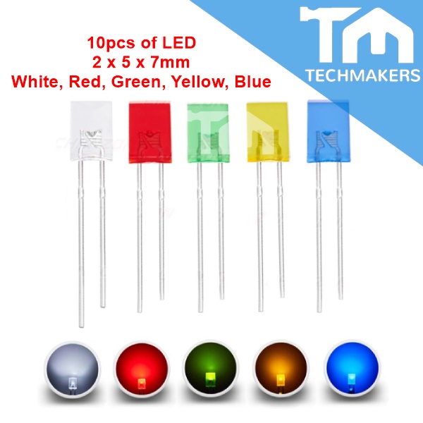 10pcs of Rectangular Diffused White/ Red/ Green/ Yellow/ Blue LED ...