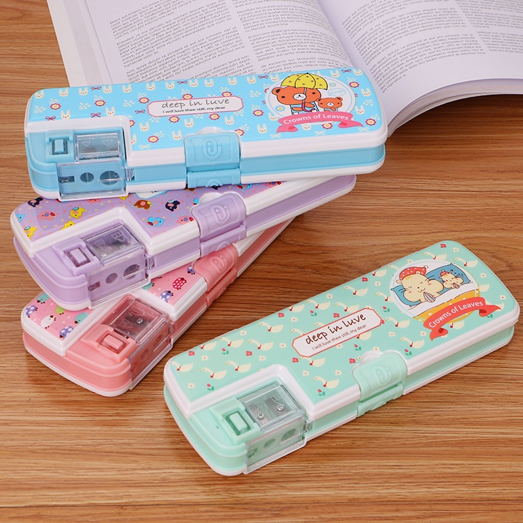 Student plastic stationery box with pencil sharpener double sided ...