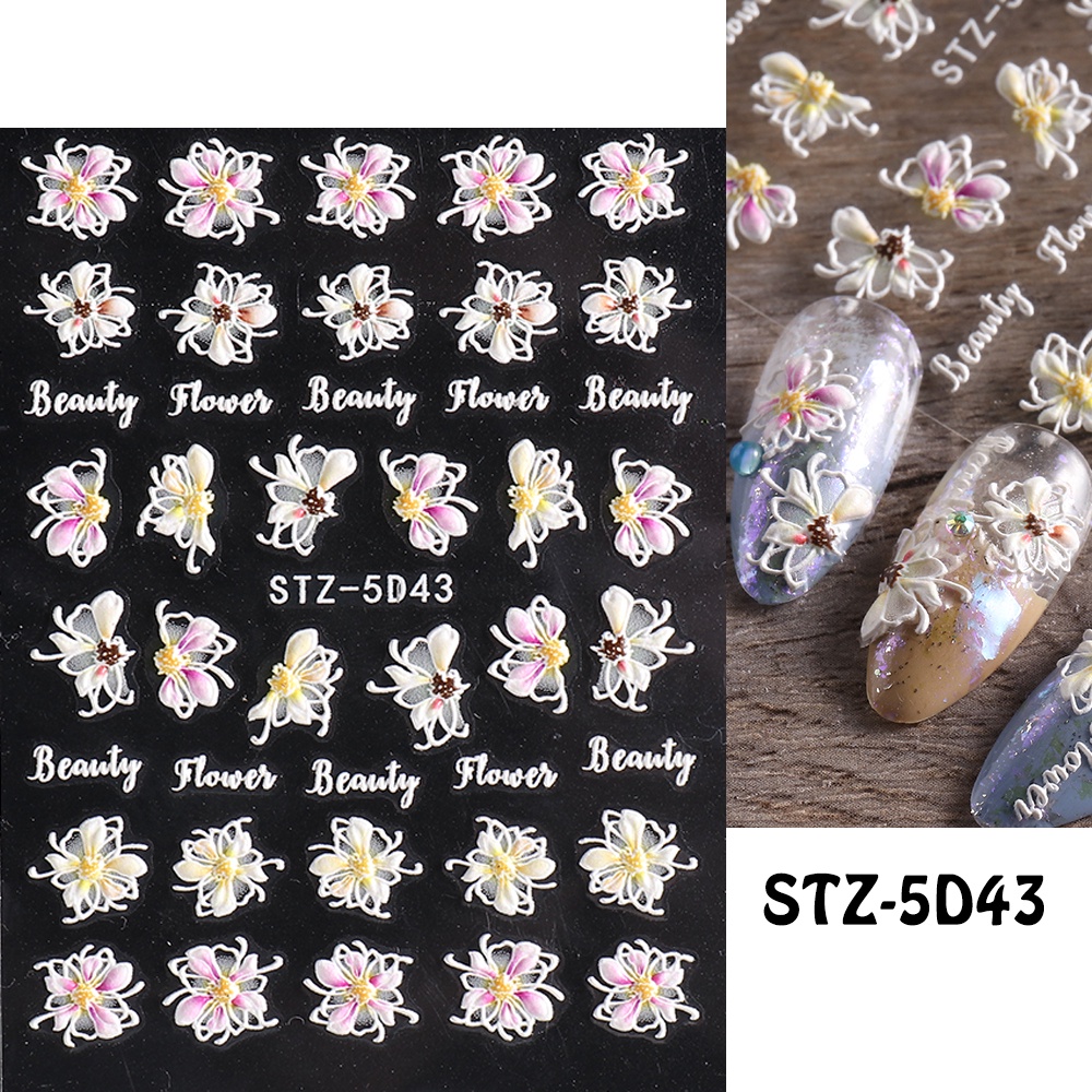 5D Nail Stickers Flowers Geometric Lines Decor Acrylic Embossed Sliders ...