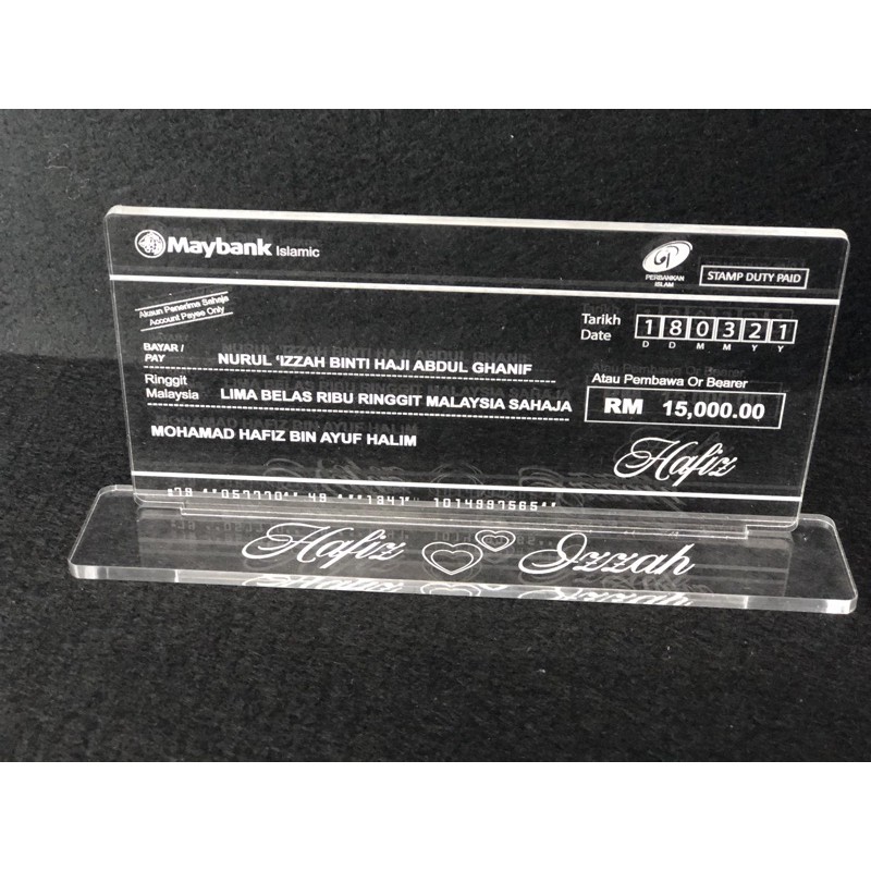 Replica Cek Hantaran Perkahwinan Acrylic Engrave | mock up Cheque ...