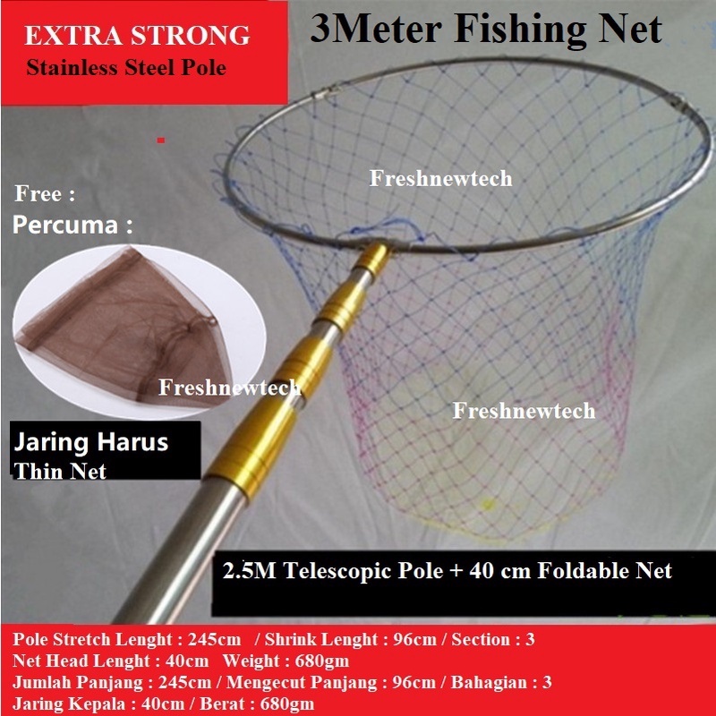 READY STOCK 3M 4M 5M Sauk Ikan Boleh Dilipat Panjang Telescopic Fishing Net Stainless Steel ...