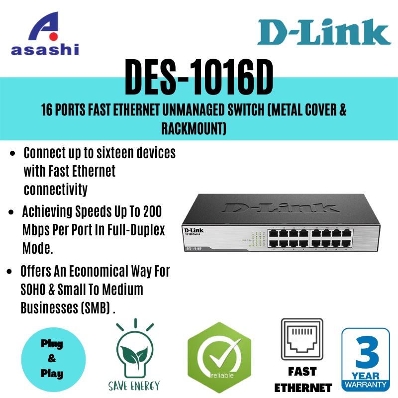 D-Link DGS-1016D 16-Port Gigabit Unmanaged Desktop Switch with Metal ...