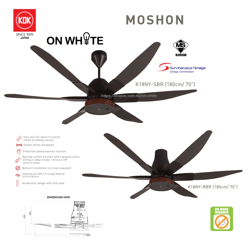 KDK K18NY-SBR /RBR 70" 6 Blades DC Motor Ceiling Fan with 9 Speeds ...