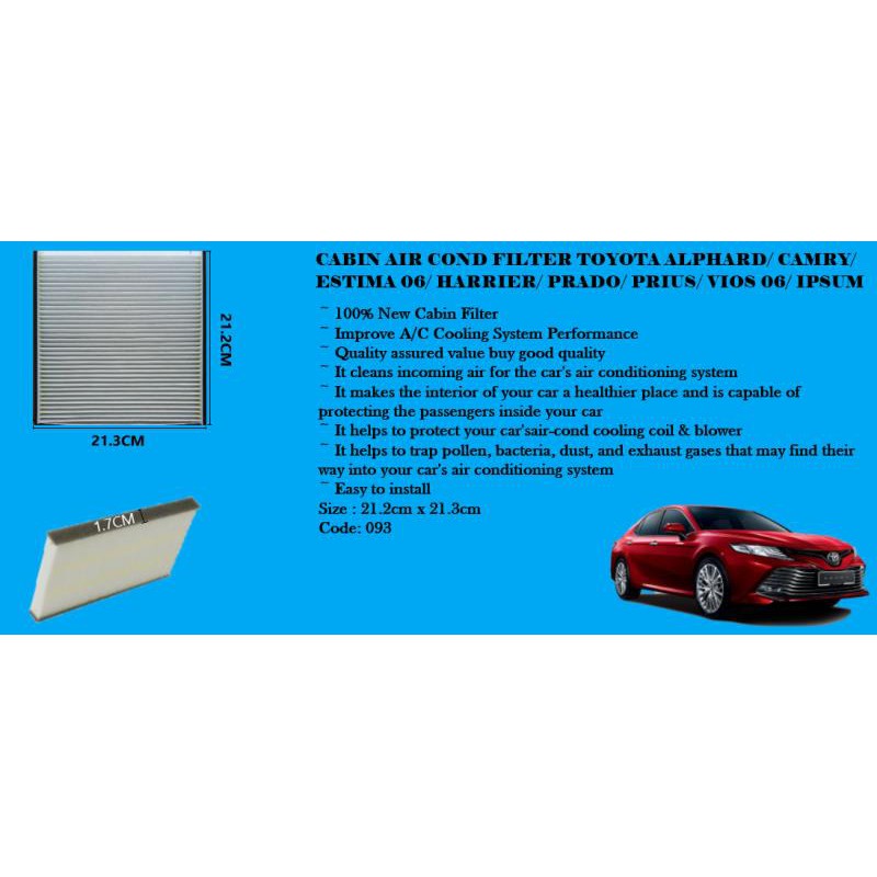 CABIN AIR COND FILTER TOYOTA VIOS NCP42 CAMRY ACV30 ESTIMA ACR30 ...