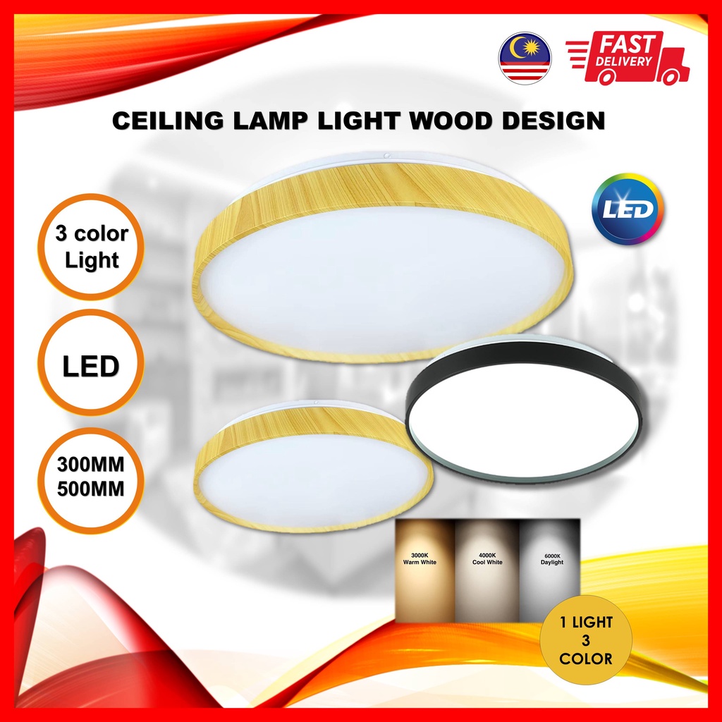 Ceiling Light Round Lampu Syling Simple Design Muji Wood | Black 300MM ...