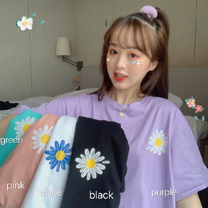 Summer New Small Daisy Printed Tops Loose Mid-length Multi Colour Round ...