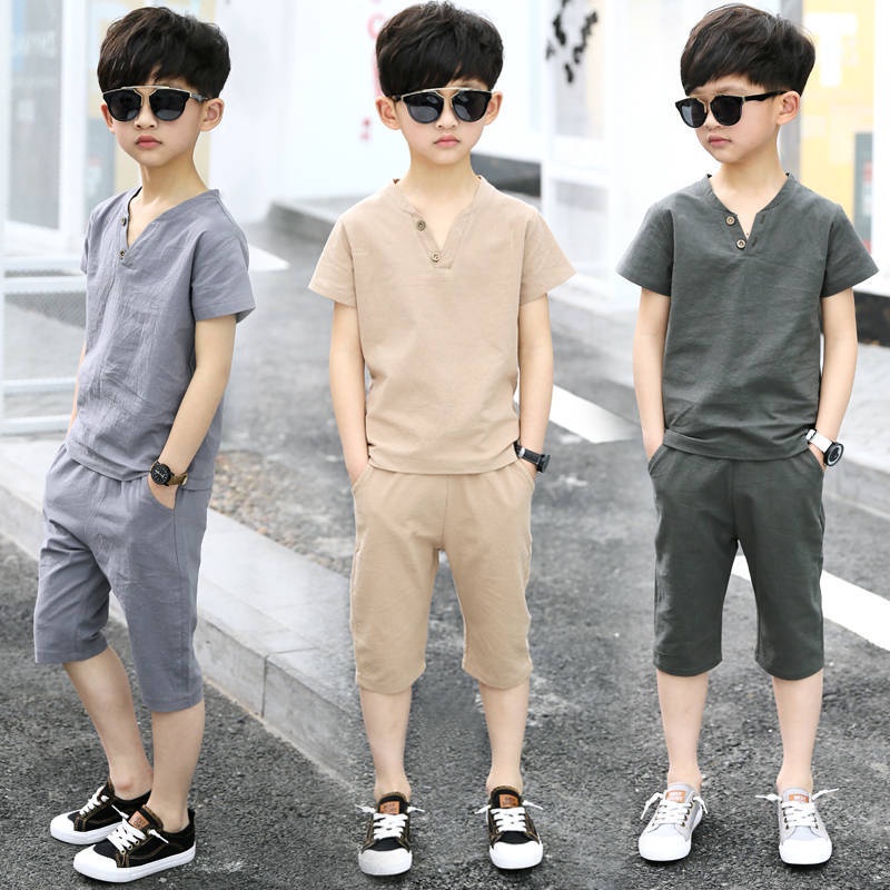 Kids Solid color Clothes Boy Summer Cotton & Linen Clothing Handsome T ...
