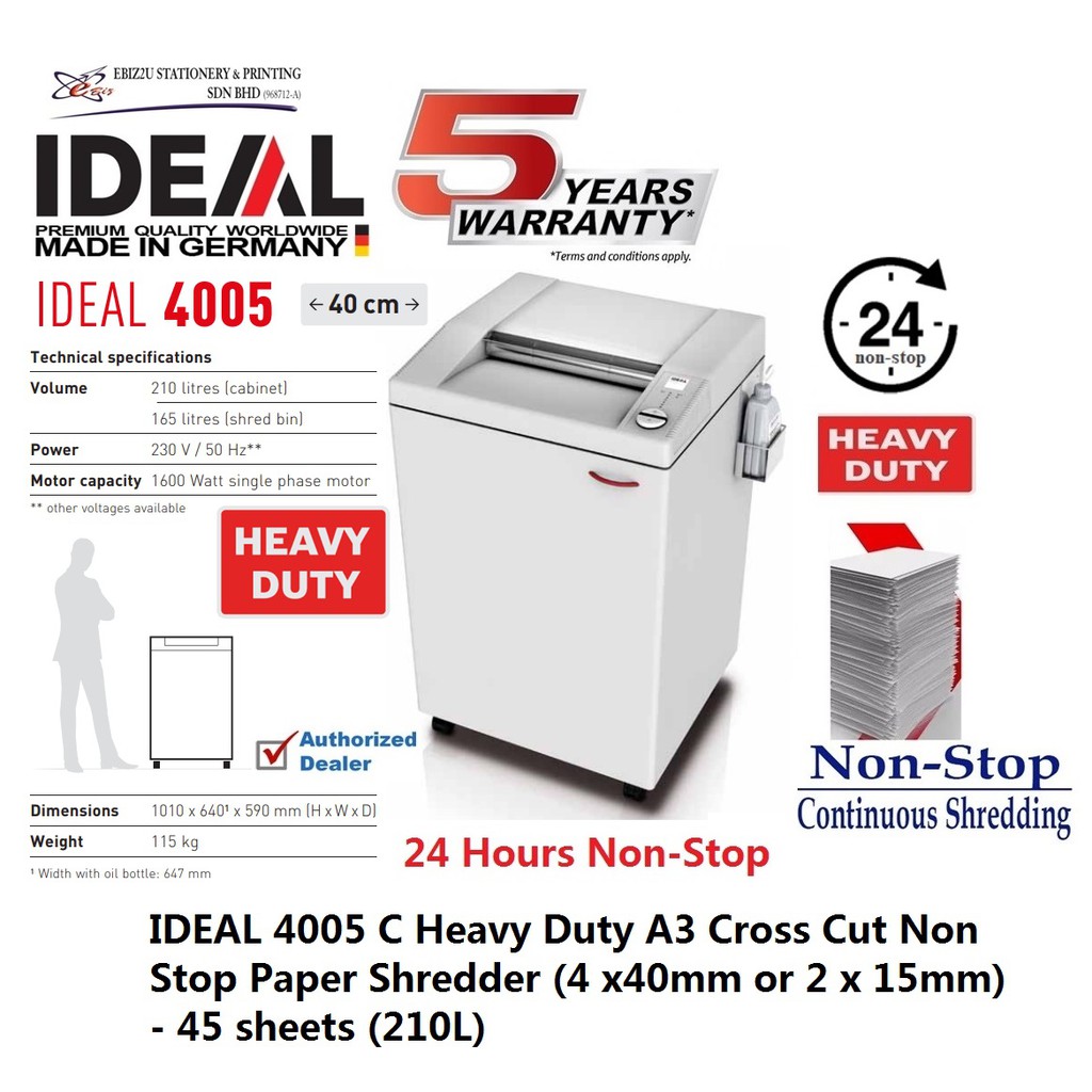 IDEAL 4005 C 4 x40mm Oiler Heavy Duty A3 Cross Cut Non Stop Paper Shredder 45 sheets (210L ...