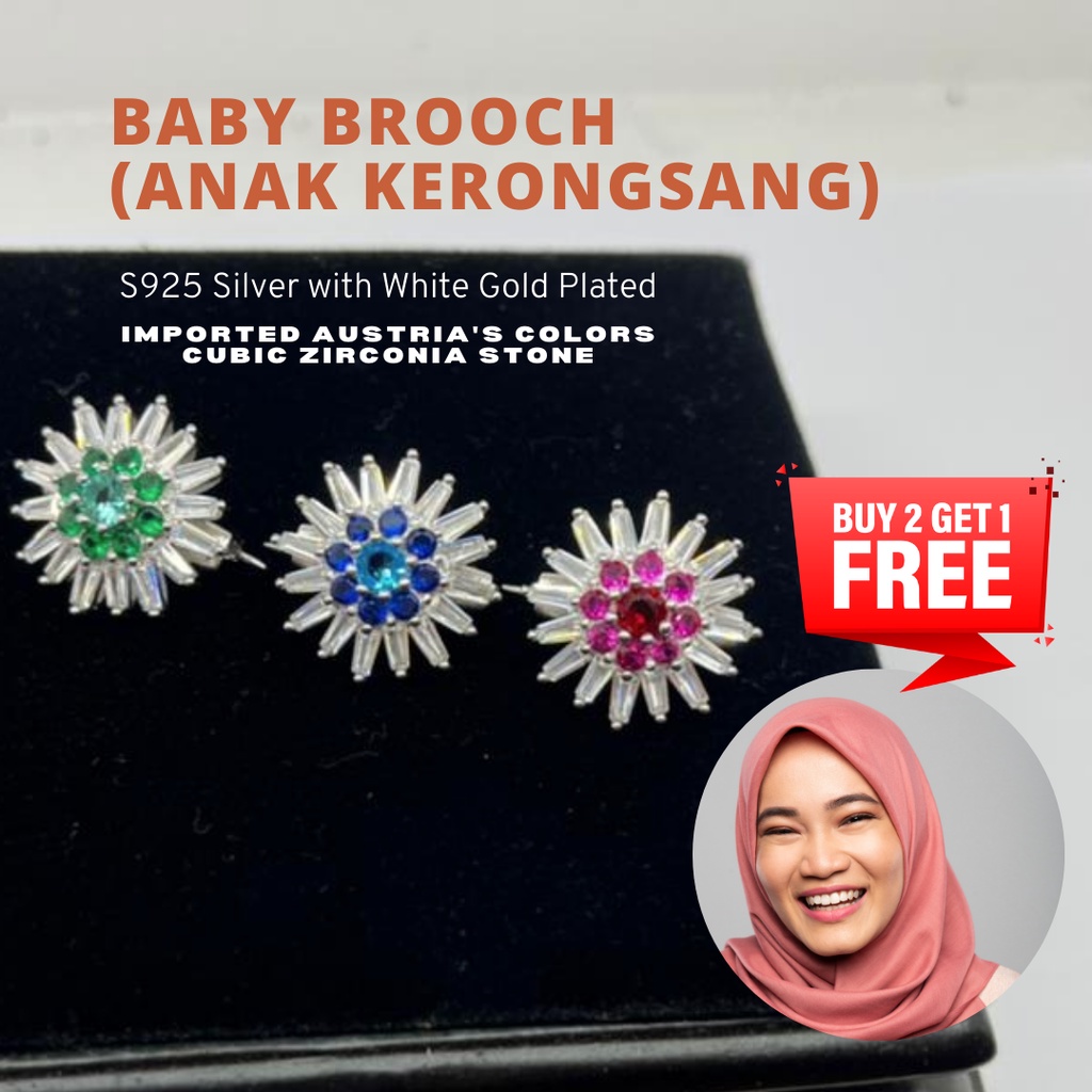 S925 Silver with Austria's Colors Cubic Zirconia Stone Baby Brooch (Anak Kerongsang, Pin Tudung ...