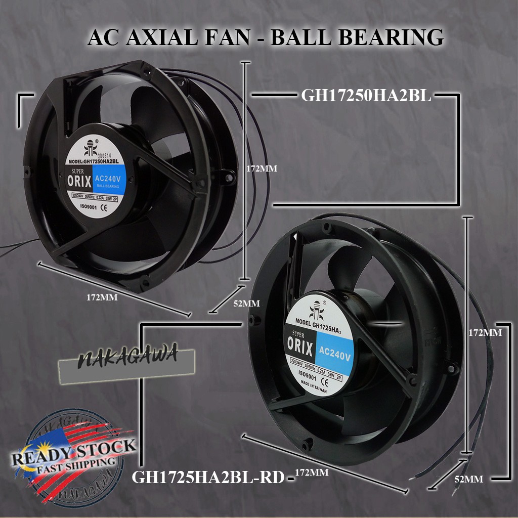 240VAC AC AXIAL FAN / COOLING BLOWER BALL BEARING 172*172*52MM - GN170D2-M01 / GH1725HA2BL-RD ...
